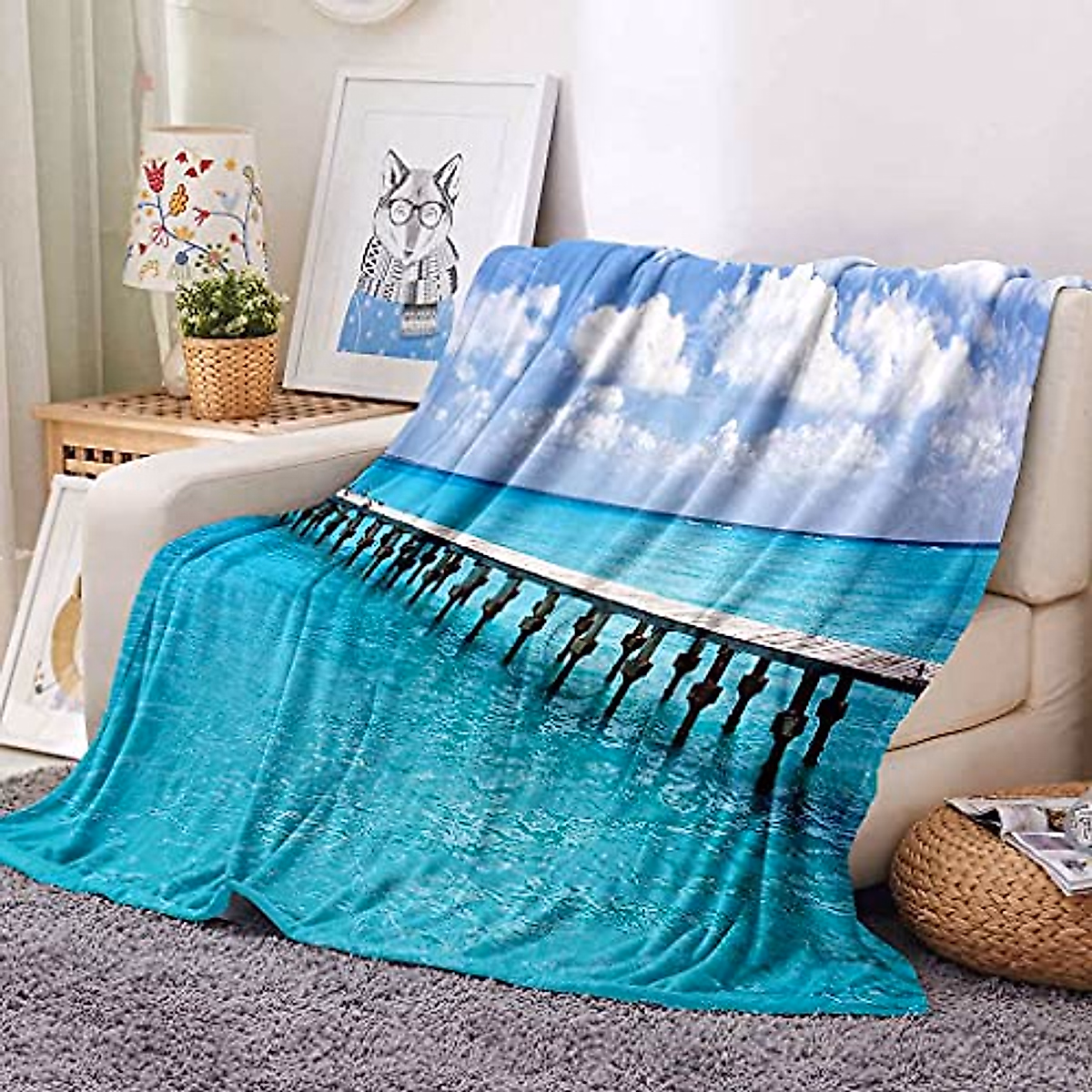 NARBOR Soft Fleece Throw Blanket - Fluffy Microfiber Solid Blankets for Bed and Couch Double/Single Size - 59X79Inch Wooden Bridge Sea Scenery Printed Flannel Blanket for Bed, Couch and Sofa