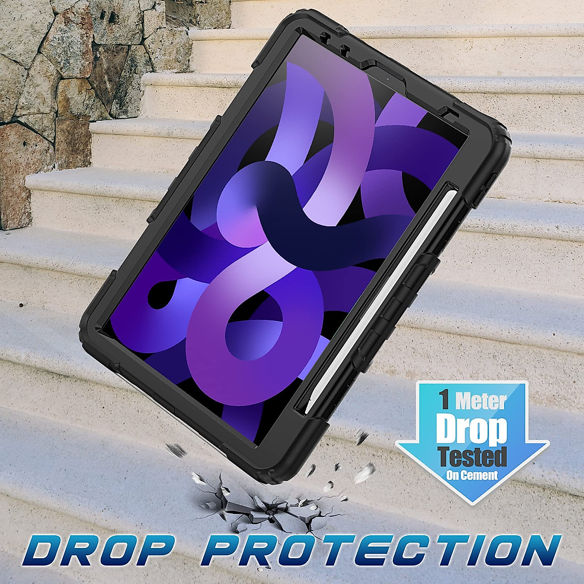 Timecity Case for iPad Air 5th Generation 2022/ for iPad Air 4th Generation 2020-10.9 inch, Durable Sturdy Protection Case with Pencil Holder Screen Protector [360 Rotating Stand] Hand Strap- Black