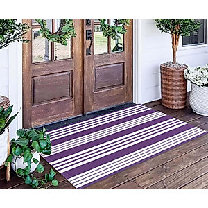 Purple and White Striped Outdoor Rug 24'' x 51''Outdoor Front Porch Rug Hand-Woven Machine Washable Indoor/Outdoor Layered Door Mats for Entryway/Bedroom/Outdoor