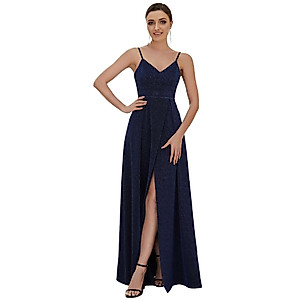 Ever-Pretty Women's Spaghetti Strap Summer V-Neck Formal Prom Evening Dress with Slit Navy Blue US6