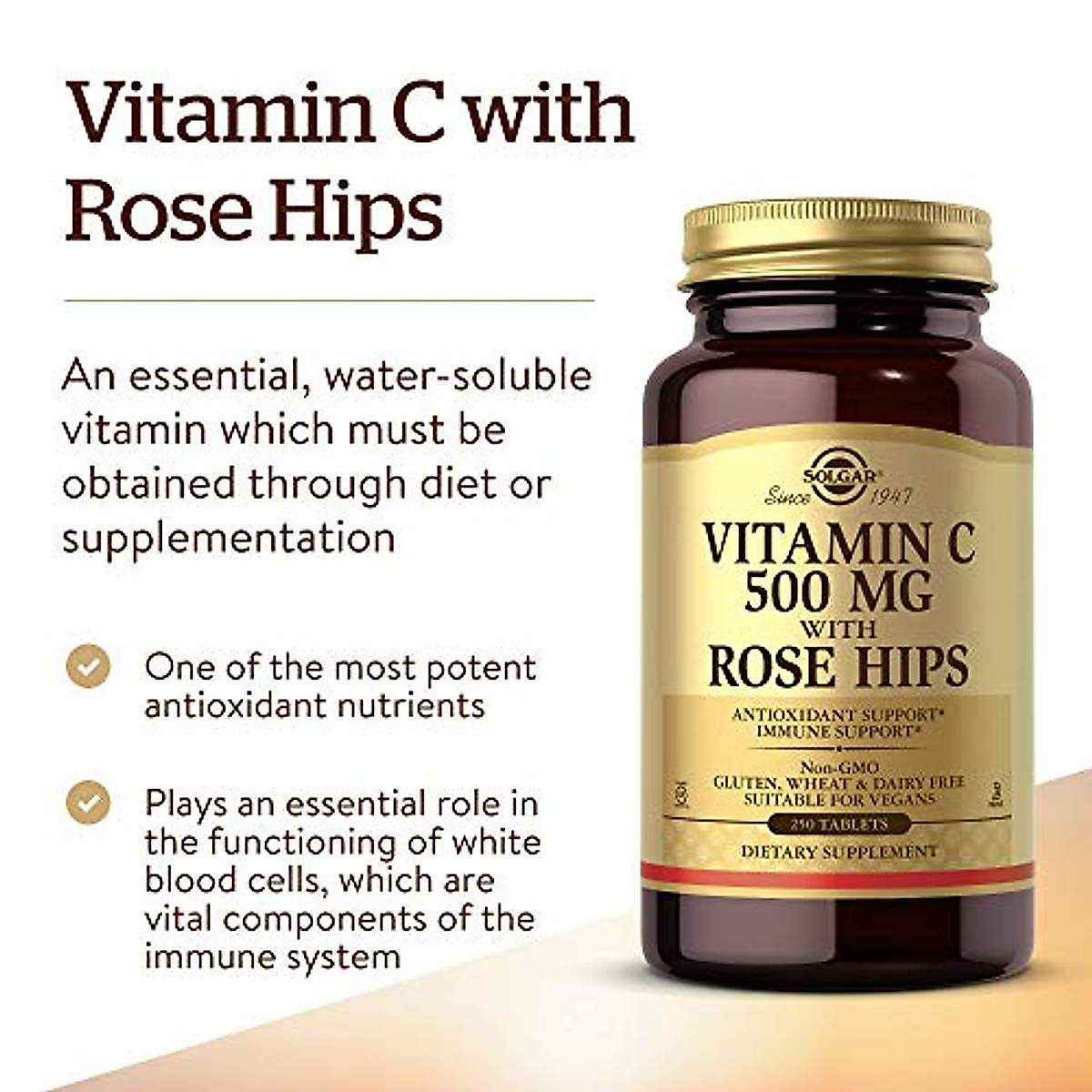 Solgar Vitamin C 500 mg with Rose Hips, 250 Tablets - Antioxidant & Immune Support - Overall Health - Supports Healthy Skin & Joints - Non GMO, Vegan, Gluten Free, Dairy Free, Kosher - 250 Servings