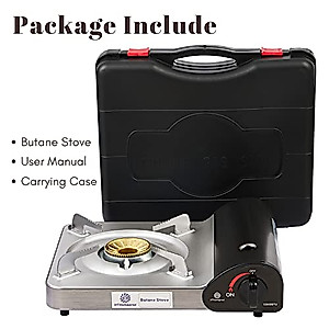 HTH Portable Butane Gas Camping Stove BSP330 for Outdoor Cooking, High Output 12,000 BTU Single Brass-Made Durable Burner, Carrying Case Included, Stainless Steel
