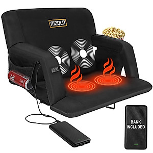 Heated Massage Reclining Stadium Seat, 25 Inch Bleacher Chair with 10000mAh Portable Bank, 6 Reclining Positions for Camping, Games & Sports