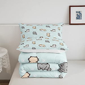Cartoon Cat Comforter Set for Girls Kids Kawaii Cats Print Comforter Cute Kitten Animal Room Decorative Bedding Set Cat Lover's Gift Green Duvet Set Twin Size 2Pcs Quilt Set