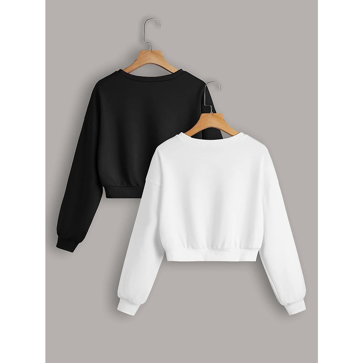 Verdusa Women's 2 Pack Long Sleeve Round Neck Crop Sweatshirt Top Black and White M