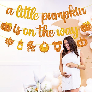 A Little Pumpkin is on The Way Banner Glitter Orange Gold Little Pumpkin Baby Shower Party Decoration Little Girl Boy Fall Pumpkin Autumn Harvest Theme A Little Pumpkin is on the His Way Gender Reveal