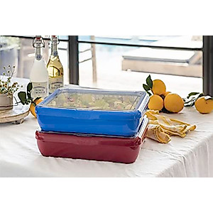 Fancy Panz Premium Dress Up & Protect Your Foil Pan, Made in USA. Hot/Cold Gel Pack, One Half Sized Foil Pan & Serving Spoon Included. Stackable for easy travel. (Denim Blue)