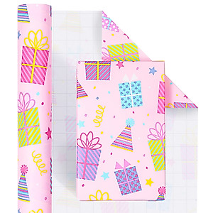 WRAPAHOLIC Jumbo Girl Birthday Wrapping Paper Roll - Pink Girl Wrapping Paper for Birthday, Holiday, Party, Baby Shower - 30 Inch x 33 Feet