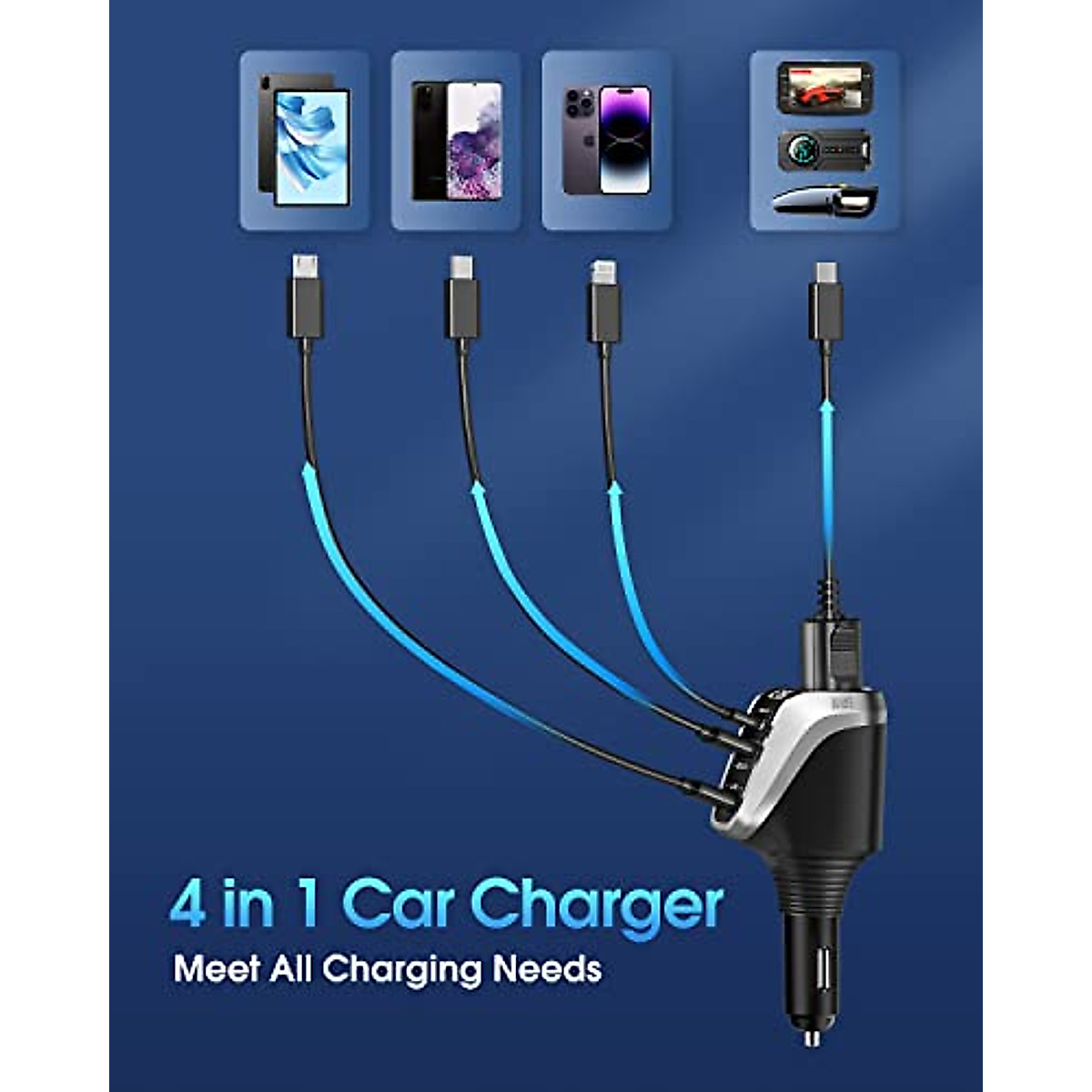 USB C Car Charger, 4 in 1 Cigarette Lighter Adapter, Socket Splitter with 3 USB Ports, 12V/24V Dual USB Type C PD Super Fast Car Charger Adapter Compatible with iPhone14/13/Samsung/Google/GPS/Dash Cam