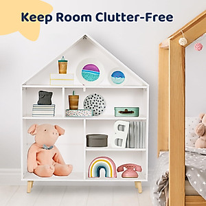 Arlopu Kids Bookshelf Toy Organizer, Wooden Dollhouse Bookcase, 6-Section Toddler Toy Storage Cabinet, Freestanding 4-Tier Display Book Shelves, for Playroom, Bedroom, Daycare, White