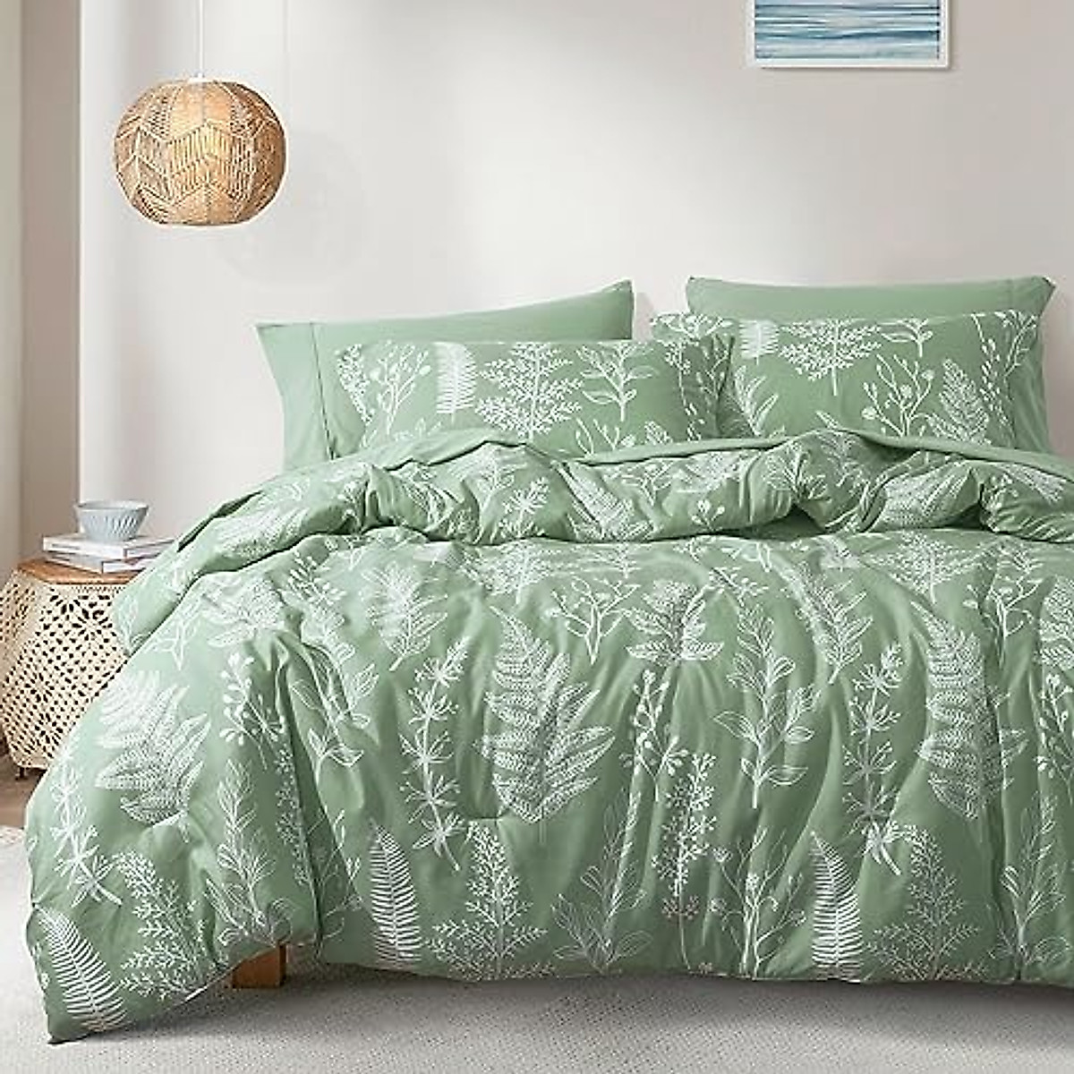 PHF 7 Pieces California King Comforter Set, Ultra Soft Bed in A Bag Comforter & Sheet Set- Botanical Bedding Set Include Comforter, Pillow Shams, Flat Sheet, Fitted Sheet and Pillowcases, Sage Green