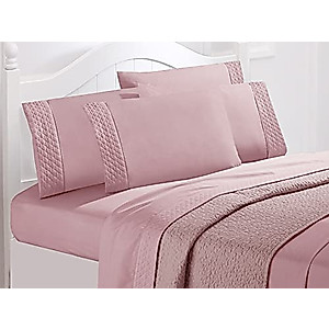 Elegant Comfort Luxury Soft Coziest 4-Piece Bed Sheet Set 1500 Thread Count Egyptian Quality Wrinkle Resistant Beautiful Quilted Design on Flat Sheet and Pillowcases, Queen, Dusty Rose