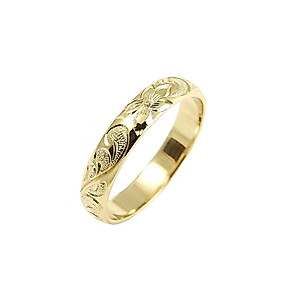 Arthur's Jewelry 14K yellow gold custom hand engrave Hawaiian queen plumeria scroll band ring 4mm size 10