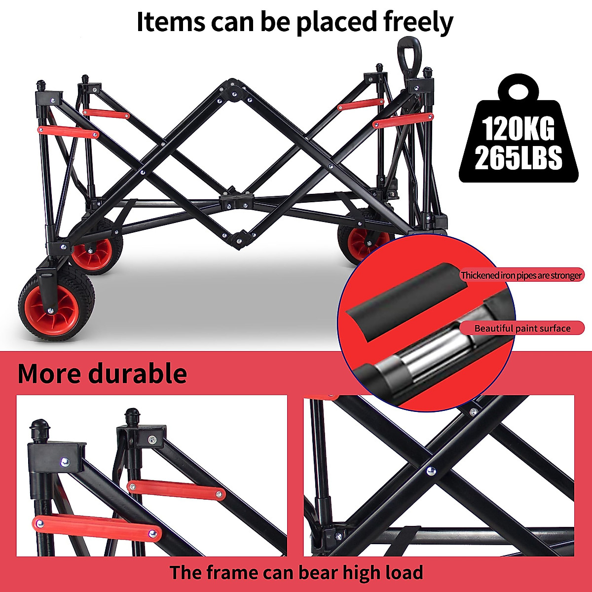 TMZ Collapsible Folding Wagon Cart, Outdoor Utility Garden Cart, Heavy Duty Camping Wagon with Big Wheels，Foldable Wagon for Sports, Shopping, Fishing and Beach(Black/Red)