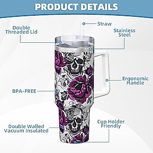 ZHSGNMHH Floral Skull 40oz Tumbler With Handle And Straw Stainless Steel Hot/Cold Travel Coffee Cup With Lid
