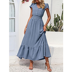 PRETTYGARDEN Womens 2024 Spring Swiss Dot Maxi Dress Short Sleeve V Neck Smocked Waist Ruffle Tiered Flowy Long Party Dresses(Grey Blue, Medium)