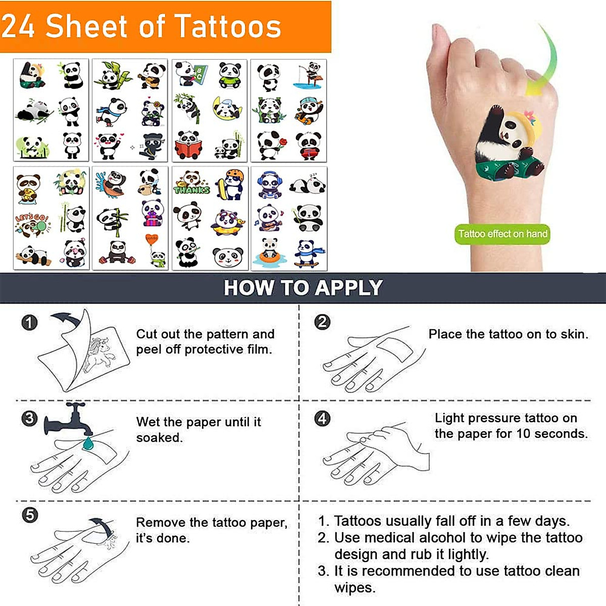 Allberll Panda Party Favor 144Pcs Temporary Tattoos 24 Sheet for Panda Birthday Party Decorations supplies Green