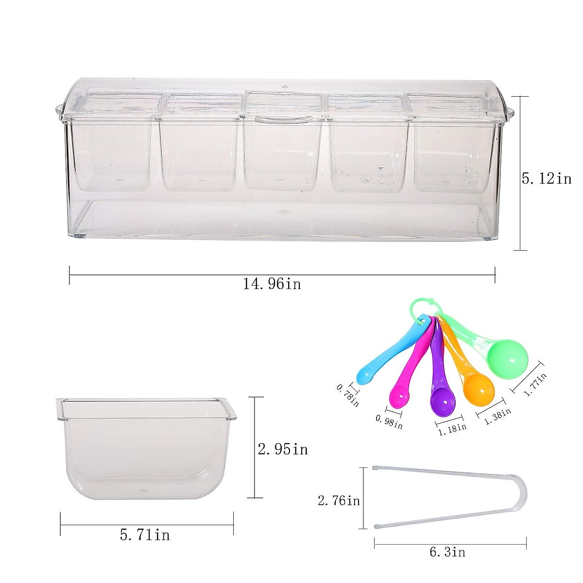 MorTime Ice Chilled Condiment Server with 5 Removable Compartments, Clear Sauce Caddy Serving Tray Container with Lid, Set of 5 Serving Spoons & 3 Tongs Included
