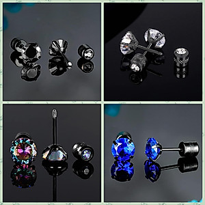 4 Pairs Black Screw Back of Earrings Cubic Zirconia Studs for Women Men 20G Can Wear Double Side Surgical Stainless Steel Hypoallergenic Jewelry (4 Pairs Black 6mm)