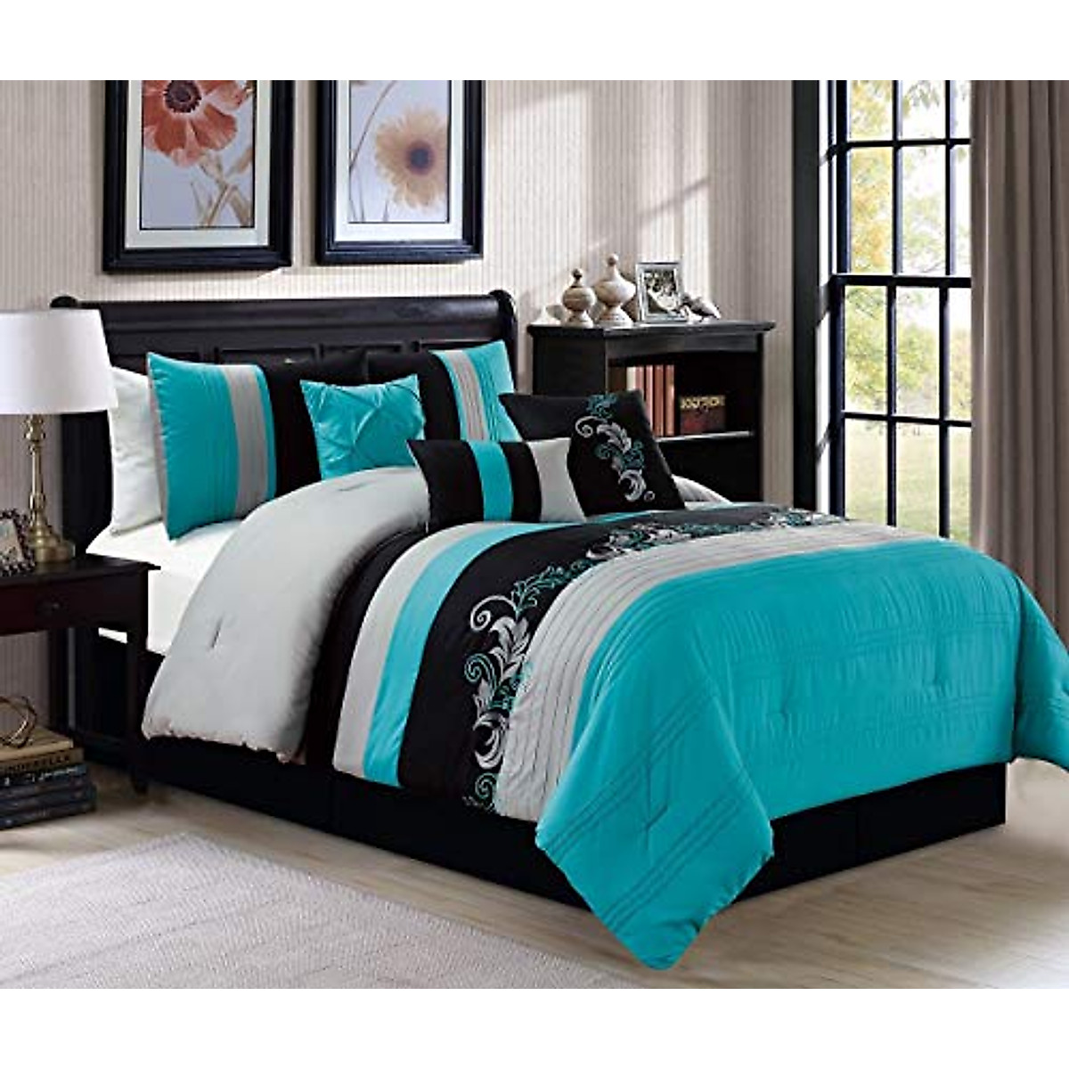 Chezmoi Collection Napa 7-Piece Luxury Leaves Scroll Embroidery Bedding Comforter Set (Queen, Teal Blue/Gray/Black)