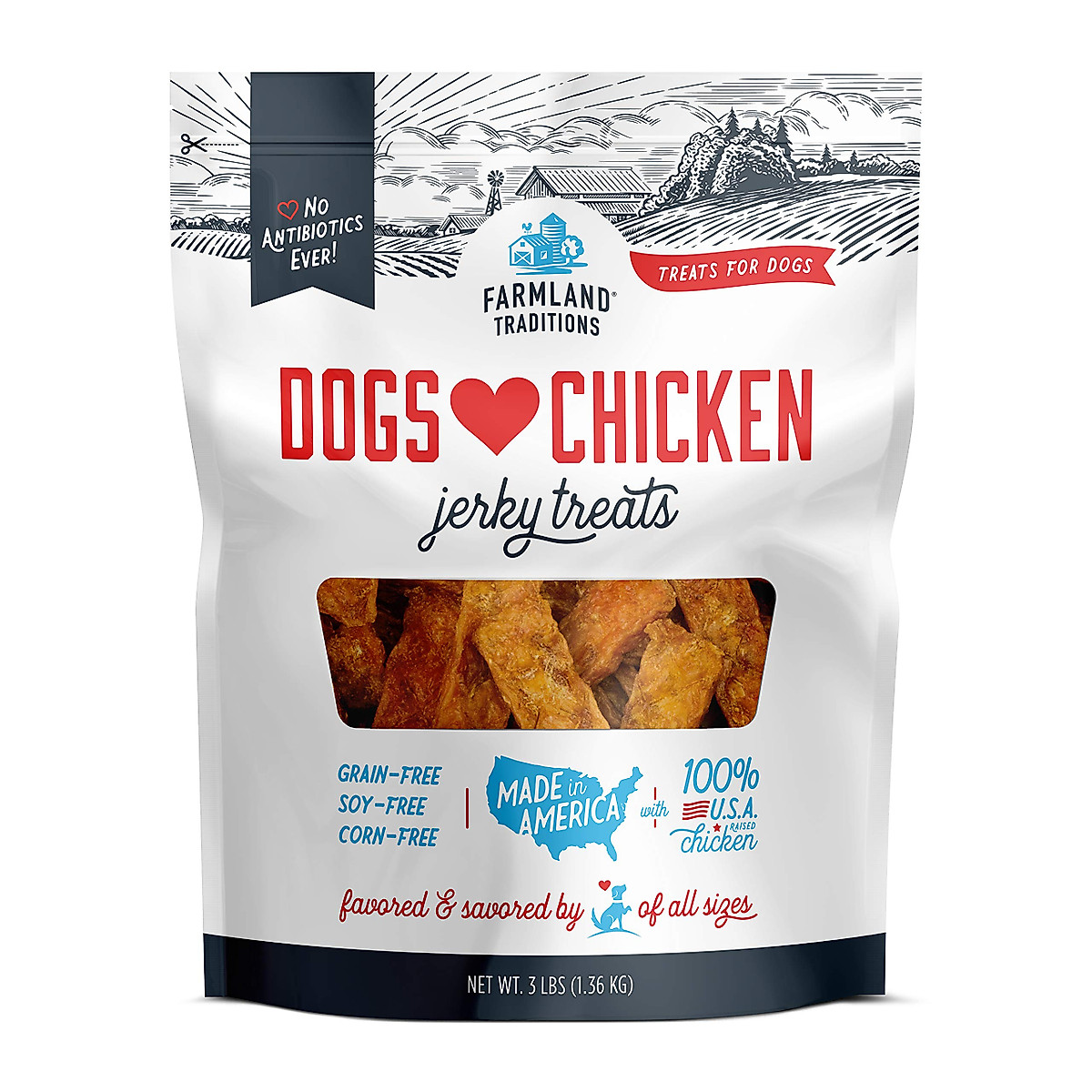 Farmland Traditions Dogs Love Chicken Premium Two Ingredients Jerky Treats for Dogs (3 lbs. No Antibiotics Ever USA Raised Chicken)