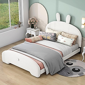 Full Size Upholstered Platform Bed with Cartoon Ears Shaped Headboard, for Kid's Bedroom Furniture