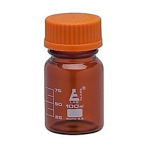 EISCO Reagent Bottle, 100ml - Amber Colored Glass - Orange Screw Cap, Drip Free Pouring Ring - White Graduations - Borosilicate 3.3 Glass