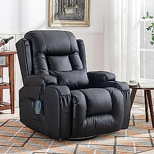IPKIG Recliner Chair, Massage Swivel Rocker Recliner Chairs with Vibration Massage and Heat, Rocking Function, Side Pocket, 2 Cup Holders, Lumbar Pillow, Ergonomic Lounge Chair for Living Room (Black)