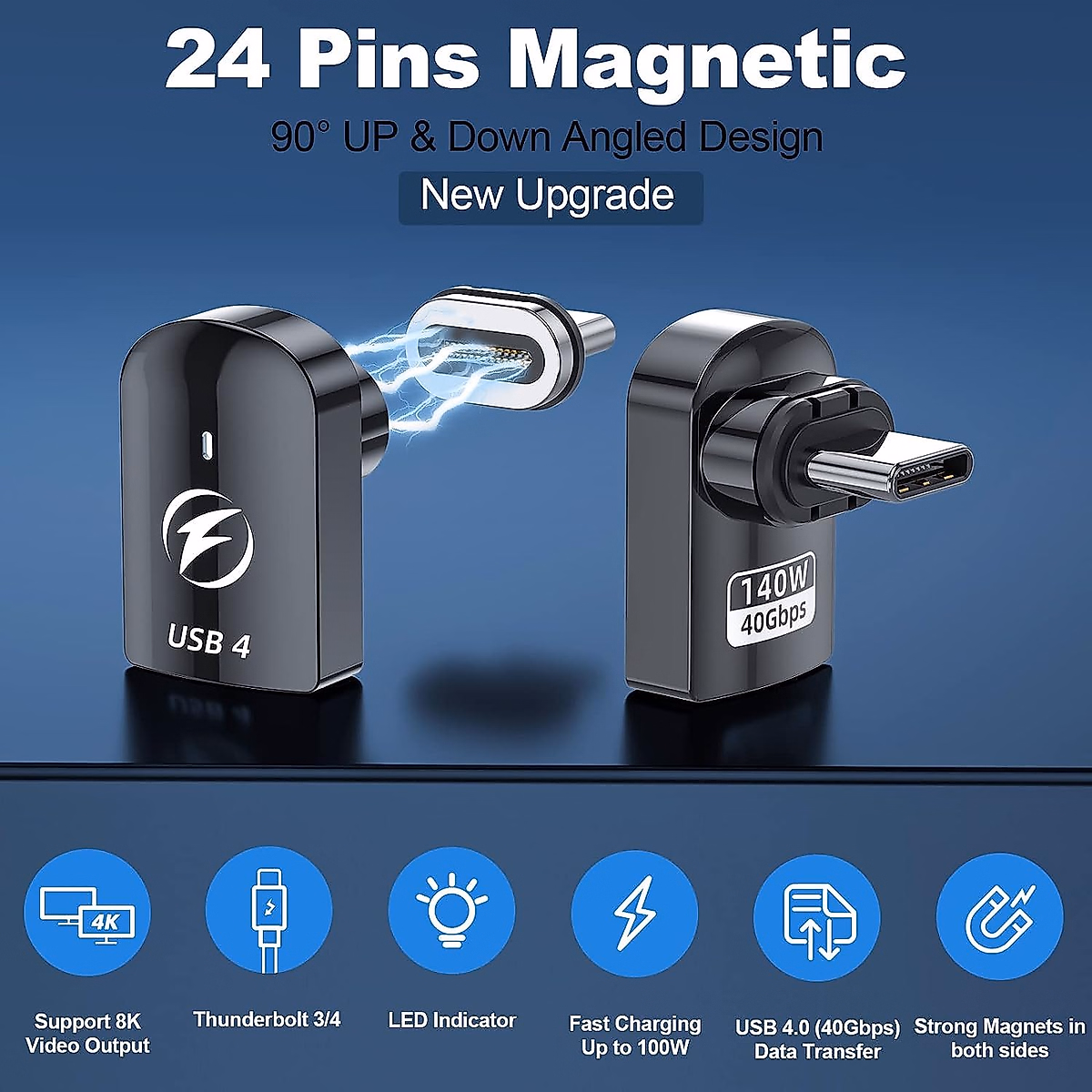 DuHeSin USB C Magnetic Adapter Right Angle, (1 Pack) 24 Pins with PD 140w USB4 40Gbps 8K 60Hz for Thunderbolt 3/4, MacBook Pro/Air, RoG Ally, Steam Deck, Swtich and More Type C Devices