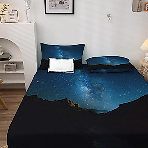 Space Sheets Full Size, Mountain Bed Sheets, Patterned Bedding Sheets & Pillowcases 4 Piece Set - Soft Microfiber Deep Pocket Fitted Sheet & Flat Sheet & 2 Pillow Cases L2-&-234