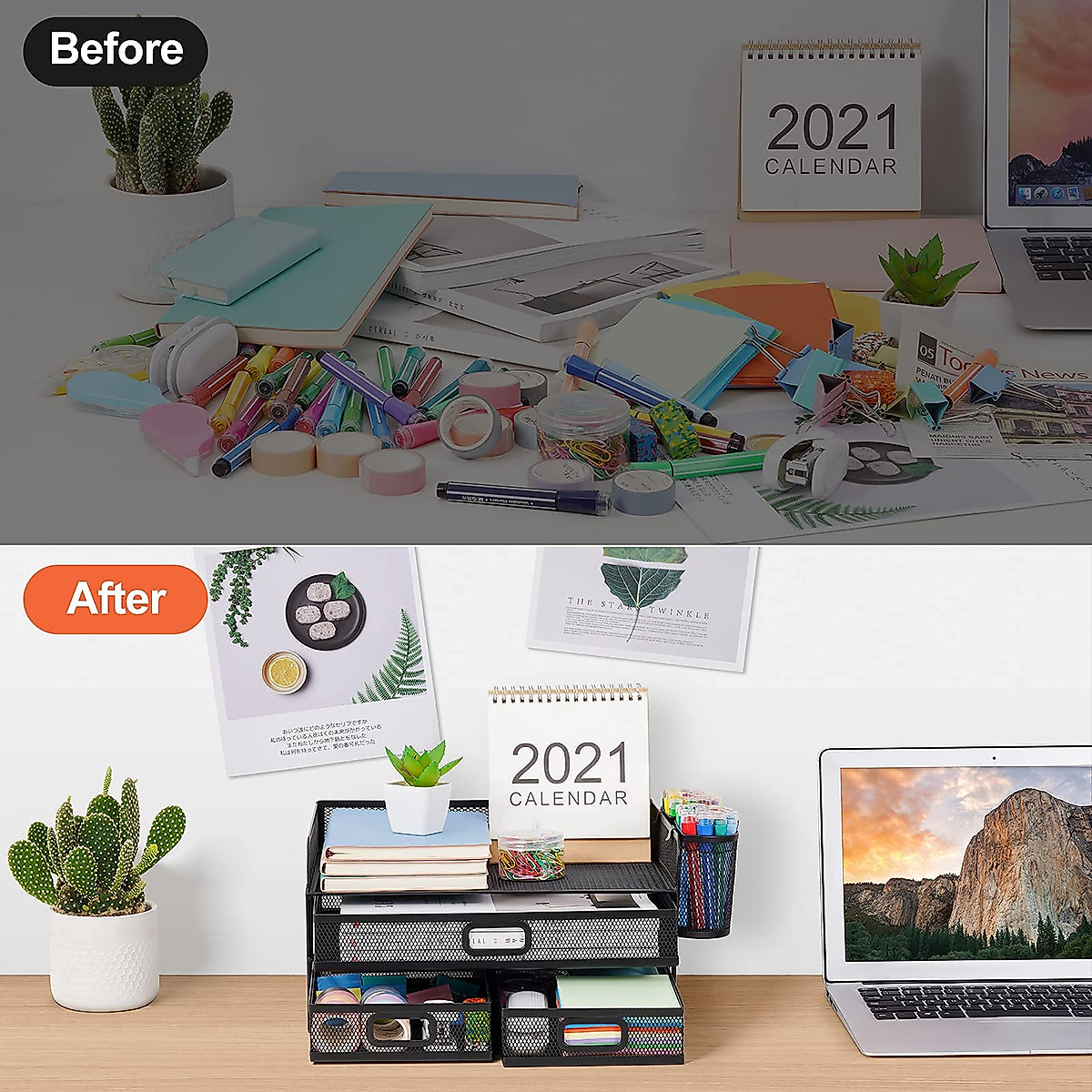 Marbrasse 3 Tier Mesh Desk Organizer with Drawer, Multi-Functional Desk Organizers and Accessories, Paper Letter Organizer with 2 Pen Holder for Home Office Supplies - Black