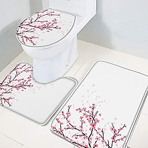 Fancyine 3 Pieces Bath Rugs Sets Spring Blooming Cherry Blossoms Soft Non-Slip Absorbent Toilet Seat Cover U-Shaped Toilet Mat for Bathroom Decor Japanese Flowers