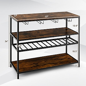 Giantex Industrial 4-Tier Wine Rack Table, 13-Bottle Wooden Wine Bar Cabinet with Wine Rack, 20 Glasses Holder, Wine Storage Rack with Metal Frame, Wine Rack Freestanding Floor, Rustic Brown