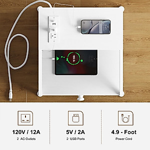REAHOME Nightstand Set of 2, White Night Stands with Charging Station, Bedside Tables with 3 Fabric Drawers and 2-Tie Storage Shelves, Modern Side Table for Bedroom Living Room - White