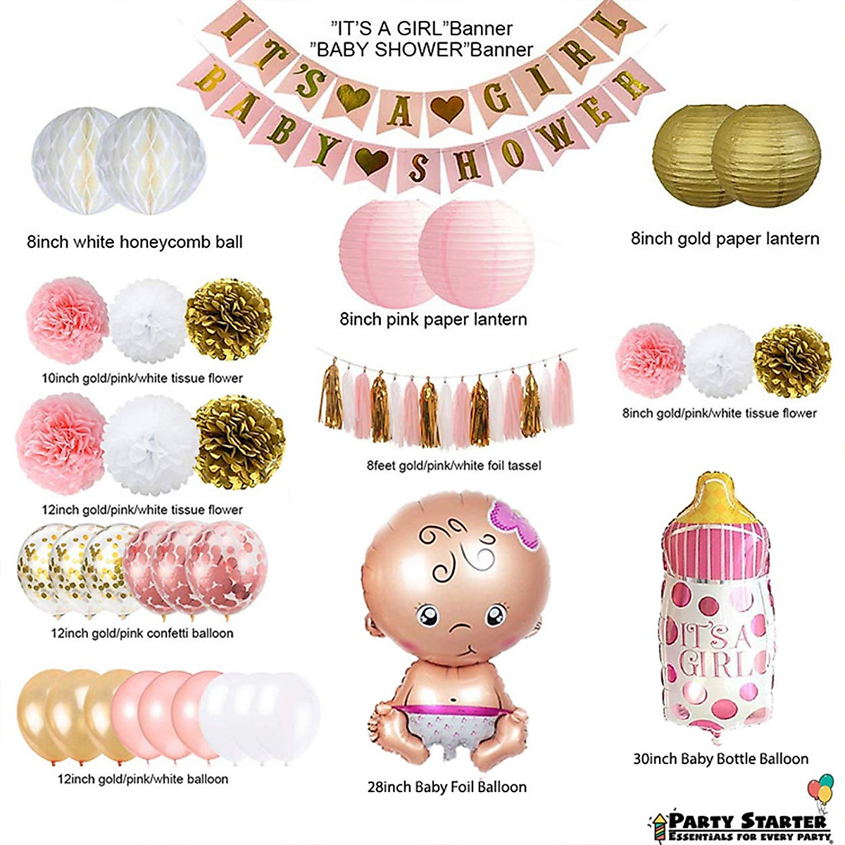 Baby Shower Decorations For Girl, Pink and Gold Baby Girl Shower Decorations set, Paper Lantern, Baby Shower Banner, It's a Girl Banner, Baby Girl Foil Balloon, Flower Pom Pom, Foil Tassel
