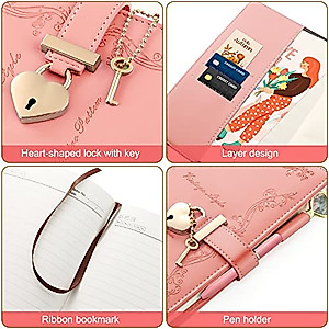 Mousbull Girls Diary with Lock and Key, Cute Heart Shaped Lock Journal for Women, Refillable A5 Vintage Secret PU Leather Notebook Gift for Teen Girls - Pink