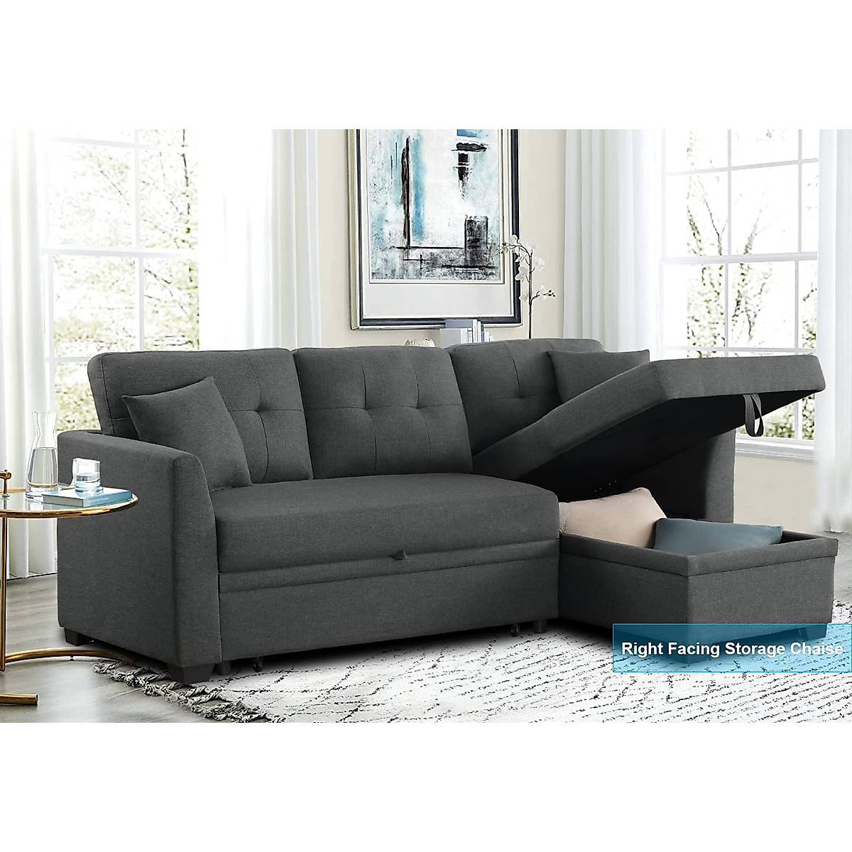 Sleeper Sectional Sofa Pull Out Couch with Storage Chaise 2 in 1 Sleeper Sofa Couch Convertible Sleeper Bed for Living Room, Apartment,Bedroom,Dark Grey
