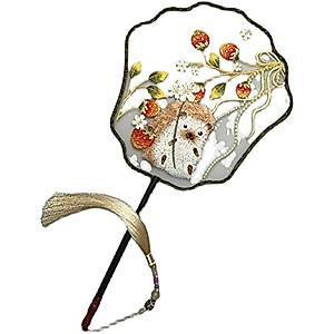 PHONME Chinese Embroidered Hand Fan Folding Hand Fan Antique Fan Summer Female Round Fan Hanfu Cheongsam Costume Accessories Vintage Style