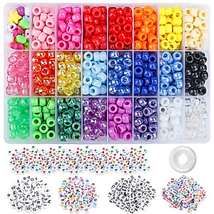DICOBD 1900pcs Pony Beads Kit, 1200 Plastic Beads and 700 Letter Beads, 24 Color Rainbow Beads for Crafts 5 Type Alphabet Beads for Bracelets Jewelry Making with 9 Meter Elastic Threads