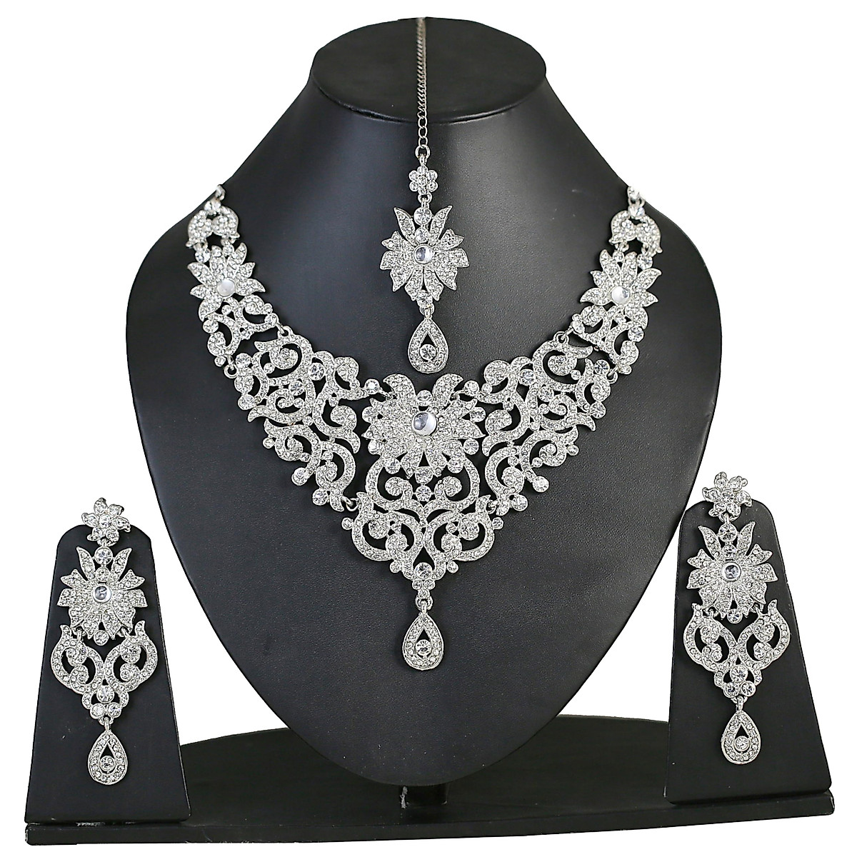 Touchstone Indian Bollywood Traditional Royal Look Attractive Filigree Carving Rhinestone Grand Bridal Designer Jewelry Necklace Set for Women