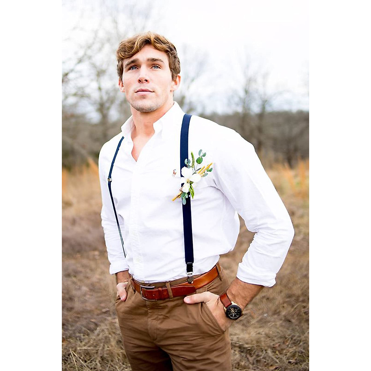 GUCHOL Black Suspenders for Mens with Strong Metal Clips Adjustable Elastic Y Style Leather Heavy Pants Suspender for Wedding&Party (Black)