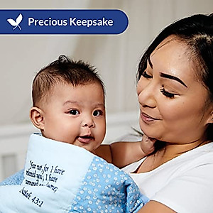 Christian Baby Gift for Boy, Soft Blue Cotton Quilt Embroidered with 9 Bible Verses for Baby Shower, Baptism, Dedication, Grandson, Godson, Etc.