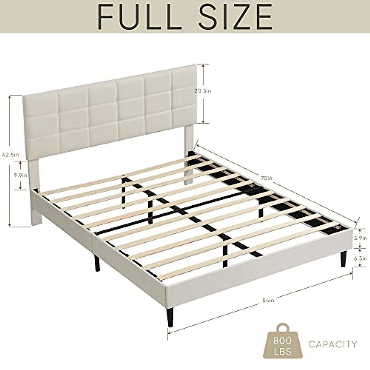 MWrouqfur Full Size Platform Bed Frame with Fabric Upholstered Headboard and Wooden Slats, No Box Spring Needed/Easy Assembly, Beige