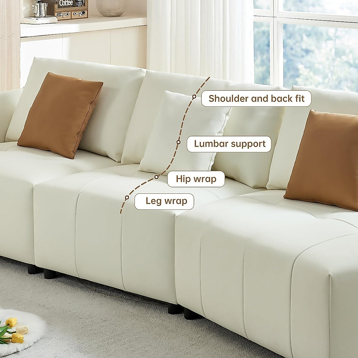 120'' Leather Sectional Couch for Living Room, Modern Modular Sectional Sofa, Ergonomic L Shaped Sofa 4 Seat Sofa, Curved Couch with Button Tufted Seat Cushion & 3 Pillows for Apartment, Office, Beige
