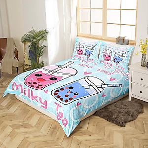 Boba Duvet Cover Girl Loves Boba Comforter Cover Kawaii Bubble Tea Stuffed Bedding Set for Kids Adults Cartoon Boba Bedspread Cover Full Size Bedclothes Zipper (No Comforter)