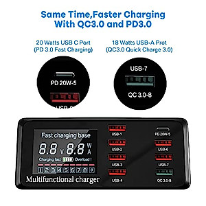 USB Charger Hub ASOMETECH 100W 8-Port Desktop Multiple USB Charging Station with PD Port, Quick Charge 3.0 USB Port, Wireless Charger, LCD Display Fast USB C Charger for iPhone 12, Tablet and More