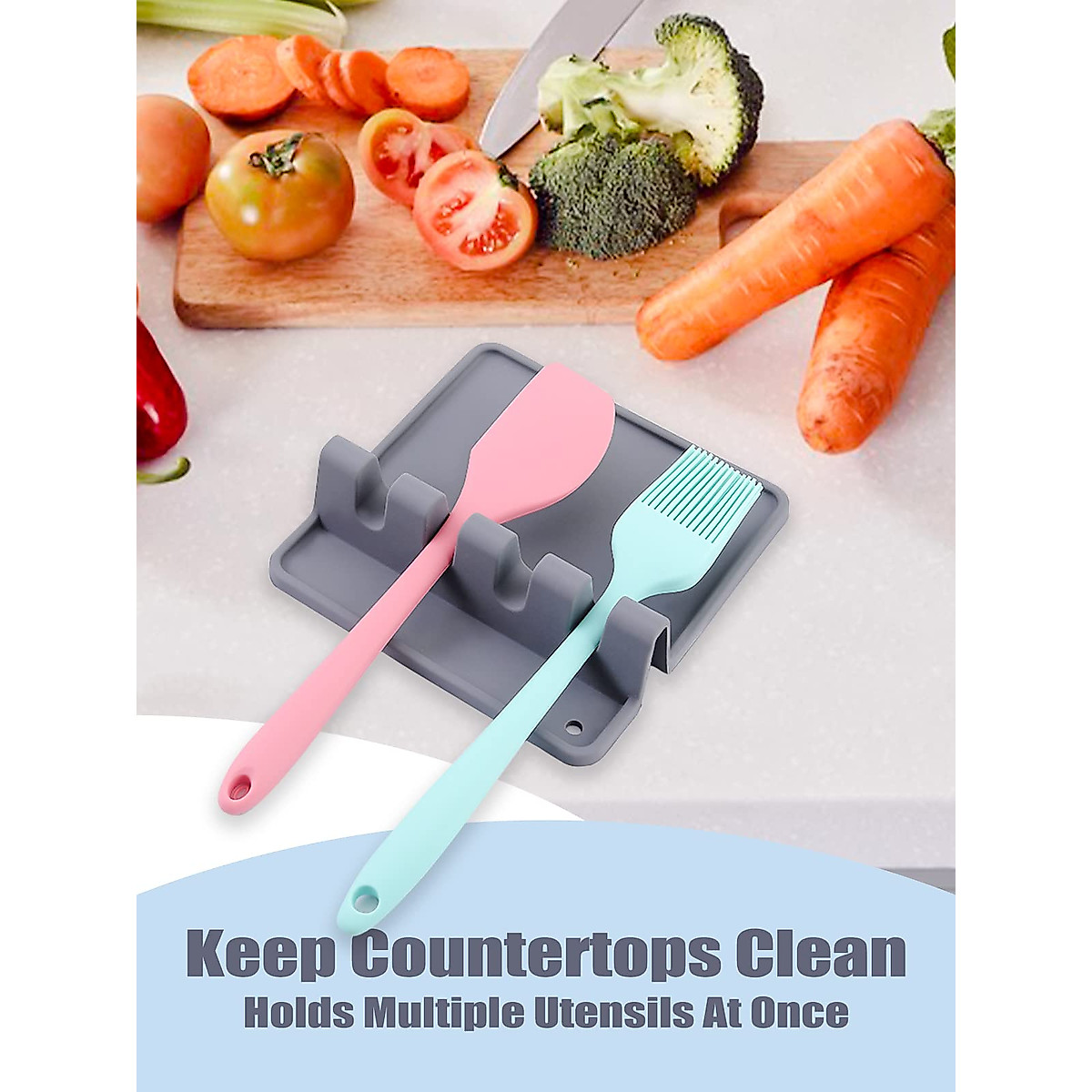 Silicone Spoon Rest with Drip Pad for Stove Top(2PCS), Large Utensil Rest for Multiple Utensils, Heat-Resistant & Dishwasher Safe Kitchen Utensil Holder for Spatula, Ladle, Kitchen Gadgets (Grey)