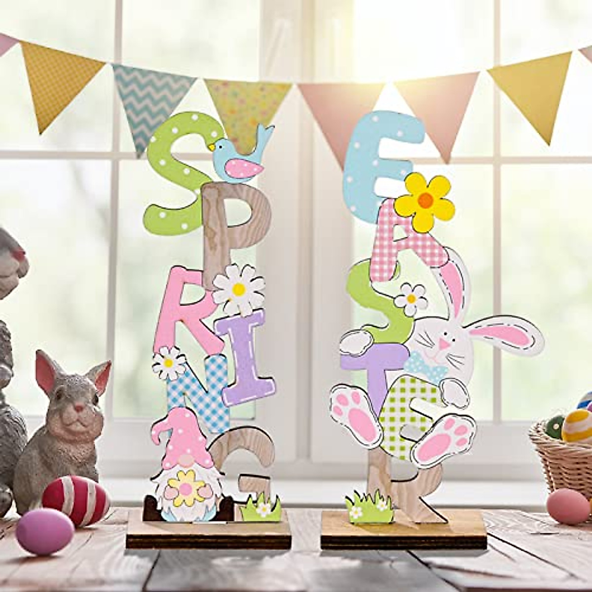 Easter Tabletop Decoration Signs, Easter Table Centerpieces Wooden Bunny Gnomes Decorations Family Signs for Spring Holiday Easter (2PCS)