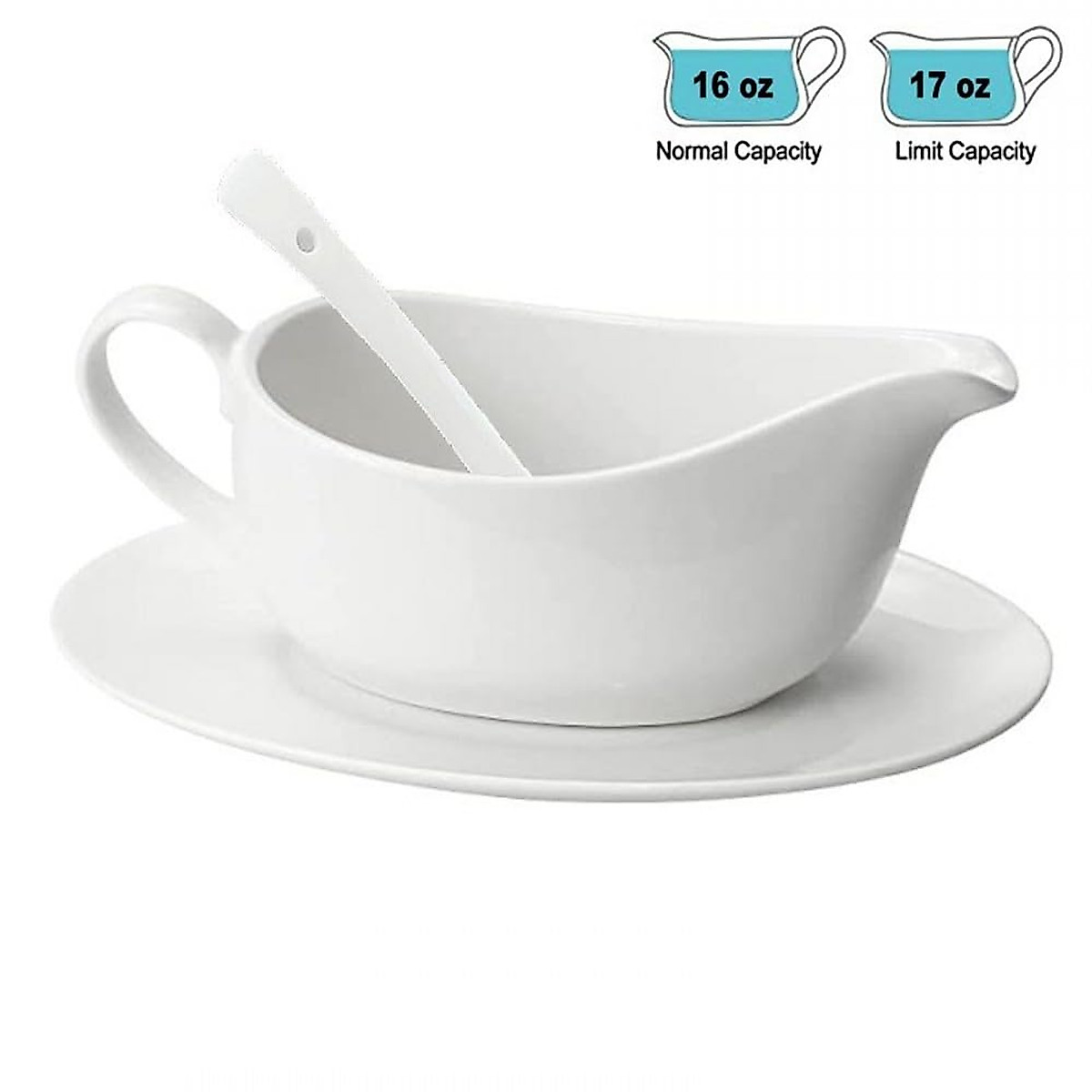 Qlans Gravy Boat With Ladle and Saucer 17 Oz,Ceramic Sauce Boat with Tray for Salad Dressings Milk,Warming Sauces,Creamer,Broth,Black Pepper,White (1 PCS New Gravy Boat With Ladle and Saucer)