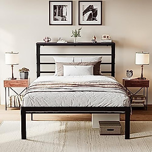 SHA CERLIN Twin Size Bed Frame with Headboard Shelf, Heavy Duty Platform Bed Frame with Strong Metal Foundation, No Box Spring Needed, Black